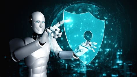 サイバーセキュリティを利用して情報のプライバシーを守るaiロボット。人工知能と機械学習プロセスによるサイバー犯罪防止の未来的な概念。 3d