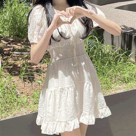 벌룬퍼프오프숄더 스퀘어넥 프릴 스모크 리본 미니 캉캉 원피스 Tyw1189 에이블리