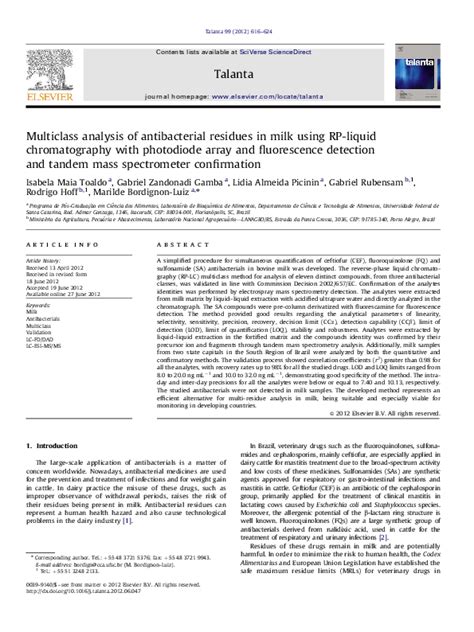 Pdf Multiclass Analysis Of Antibacterial Residues In Milk Using Rp Liquid Chromatography With