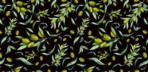 원활한 패턴입니다 과일 잎 와 수채화 올리브 나뭇가지 검은색 배경입니다 화장품 섬유 초대장 카페 메뉴 식기 문구 명함 전단지 포장 디자인 건강한 식생활에 대한 스톡 벡터