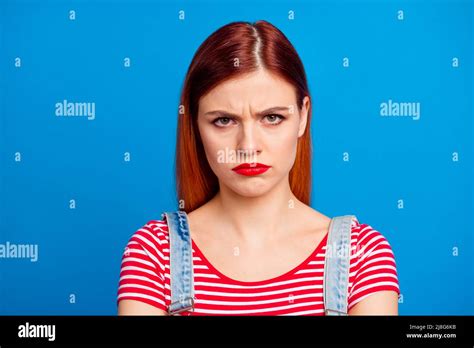 Portrait Of Unsatisfied Young Girl Sullen Face Look Camera Isolated On