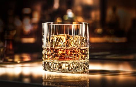 Glass Of Whiskey With Ice Cubes On A Bar Counter In A Nightclub Stock