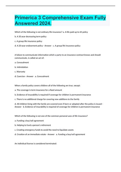 Primerica 3 Comprehensive Exam Fully Answered 2024 Primerica Life