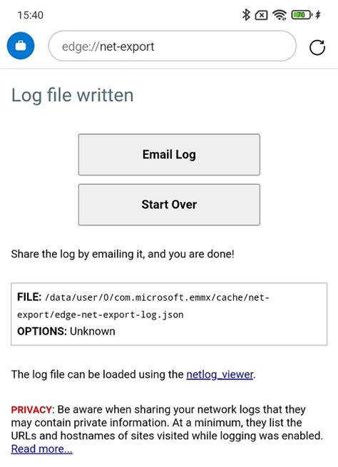 manual edge android network export log capture via edge net export page