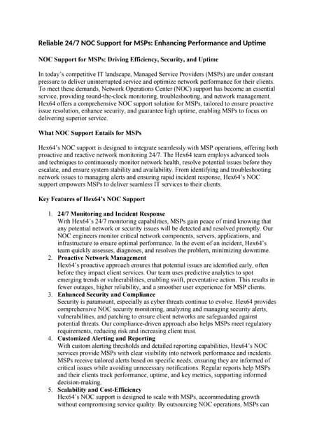 Reliable 247 Noc Support For Msps Enhancing Performance And Uptime Pdf