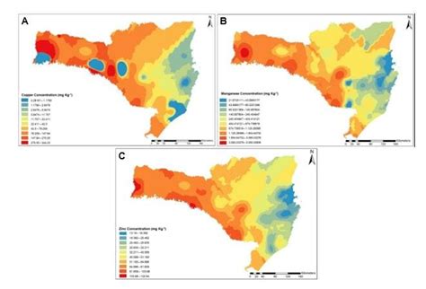 maps of spatial variability of copper a manganese b and zinc c