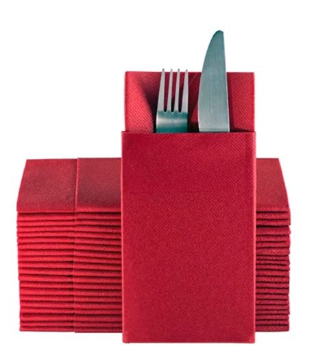 Linen Feel Disposable Red Airlaid Napkins With Built In Flatware Pocket