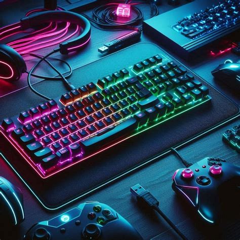 View Of Illuminated Neon Gaming Keyboard Setup And Controller Premium AI Generated Image