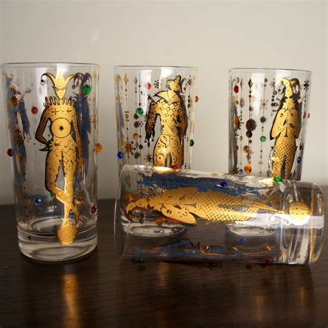 Vintage Culver Glassware Mardi Gras Pattern 22k Gold Jester Jewelled
