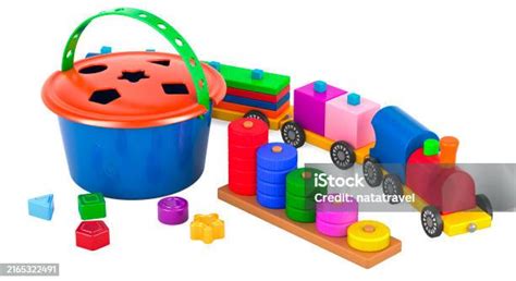 나무로 되는 장난감 겹쳐 쌓이는 기차 모양 분류하는 사람 물통 및 나무로 되는 착색된 겹쳐 쌓이는 반지 3d 렌더링 어린 시절에 대한 스톡 사진 및 기타 이미지 Istock