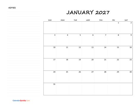Monthly Blank Calendar 2027 With Notes Calendar Quickly
