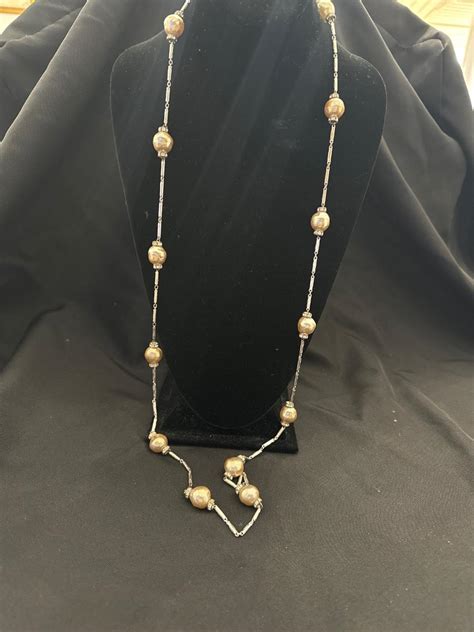 Vintage Extra Long Silver Toned Faux Pearl Necklace