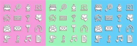 발렌타인 데이 하트 사랑 자석 하트 병 사랑의 묘약 비디오 재생 달과 별 낭만적 인 욕실 및 마티니 유리 아이콘으로 라인 봉투를 설정합니다 벡터 3월에 대한 스톡 벡터 아트