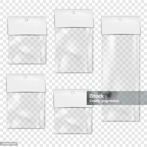 白い白紙の上部と吊り下げ穴が付いた空の透明なプラスチックポーチバッグベクターモックアップセット透明ナイロンパッケージモックアップ 3dの