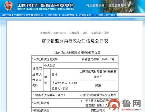 梁山农村商业银行未进行贷后管理造成资金损失被罚25万 鲁网财经频道