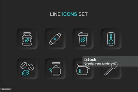 세트 라인 티스푼 커피 포트 손잡이가 있는 주전자 콩 온도계 갈 컵 설탕 스틱 패킷 및 항아리 병 아이콘 벡터 가방에 대한 스톡