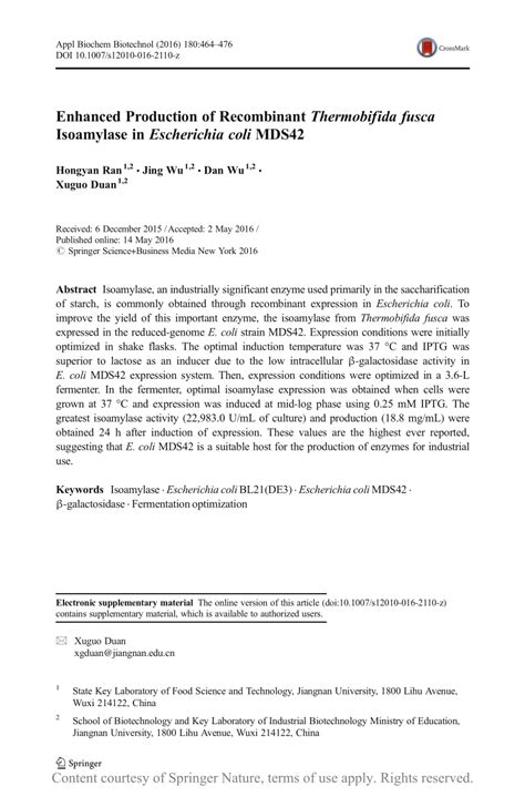 Enhanced Production Of Recombinant Thermobifida Fusca Isoamylase In