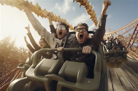 Premium Ai Image Riders On A Roller Coaster Hands Raised In Exhilar