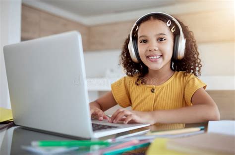 Learning Typing And Girl On Laptop With Headphones On Internet Class