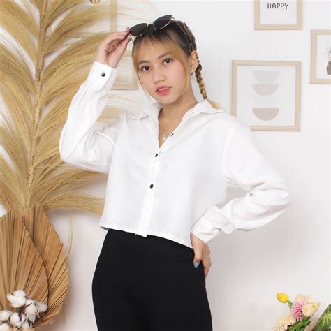 Jual Baju Kemeja Crop Lp Model Hanin Top Lengan Panjang Polos Bahan