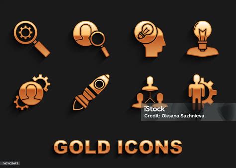 로켓 우주선을 불 인간 헤드 램프 전구 내부 기어 프로젝트 팀 기지 돋보기 및 검색 사람 아이콘으로 설정하십시오 벡터