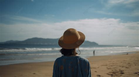 해변에 서서 모자를 쓴 사람 해변에서 하늘을 올려다보는 여성의 뒷모습 고화질 사진 사진 구름 배경 일러스트 및 사진 무료 다운로드 Pngtree