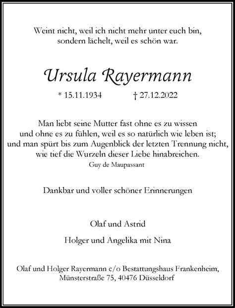 Alle Traueranzeigen Für Ursula Rayermann Trauerrp Onlinede