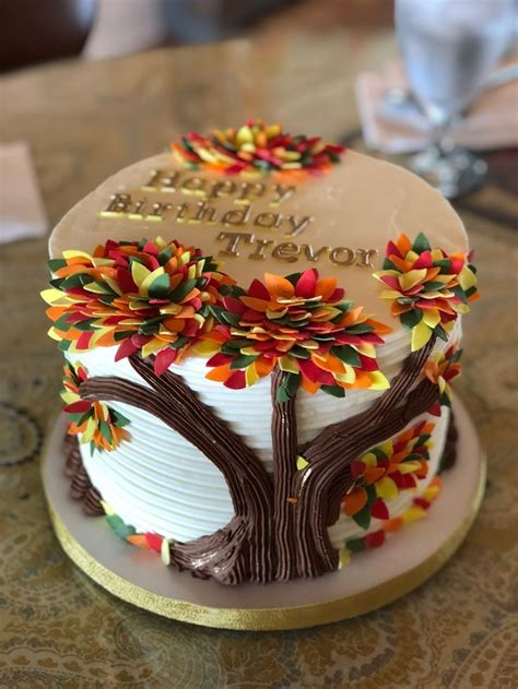 October Birthday Cake With Fall Leaves And Tree Decoration Fall Tree