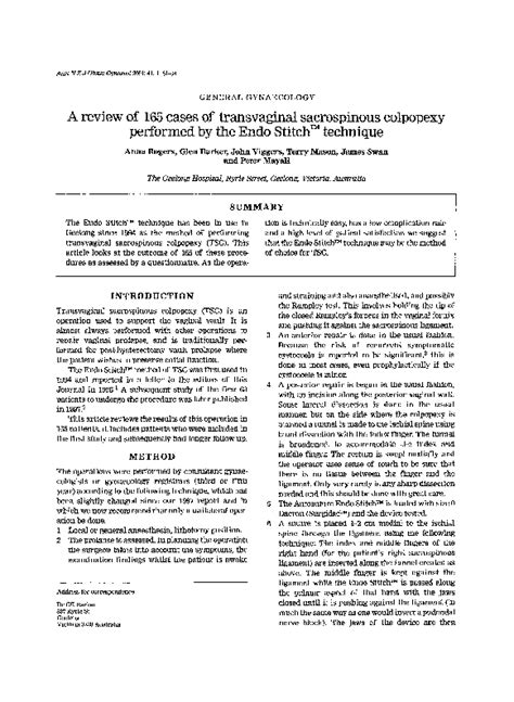 Pdf A Review Of 165 Cases Of Transvaginal Sacrospinous Colpopexy