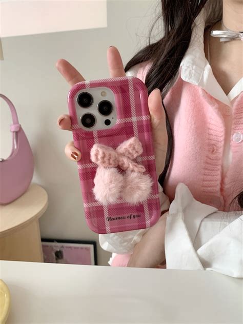 핫핑크 체크무늬 입체 털 리본 키치 겨울 아이폰케이스 에이블리