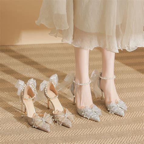 Giày Cao Gót Bít Mũi Nơ Xinh Dây Hậu Chuỗi Ngọc Ms69 Gót Cao 8cm9cm
