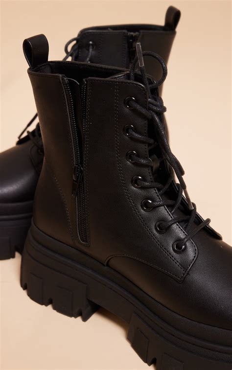 Black Wide Fit Pu Leather Platform Ankle Boots Footwear
