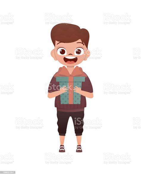 취학 전 나이의 작은 소년이 완전히 자라는 모습으로 묘사되어 손에 활이있는 상자를 들고 있습니다 생일 새해 또는 공휴일 테마 격리 만화 스타일 긍정적인 감정 표현에 대한