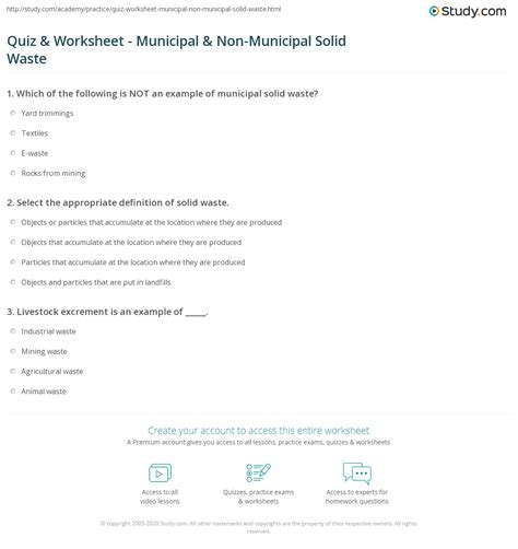 Quiz Worksheet Municipal Non Municipal Solid Waste Study