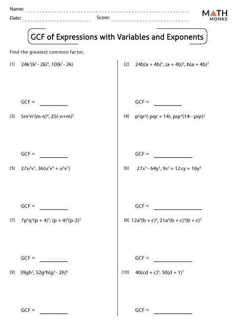 Greatest Common Factor Worksheets Math Monks