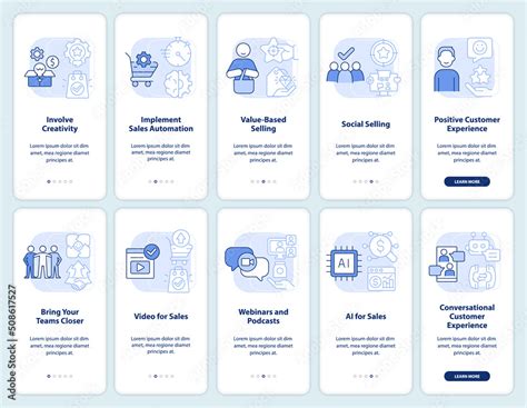 Selling Trends Light Blue Onboarding Mobile App Screen Set Walkthrough 5 Steps Editable Graphic