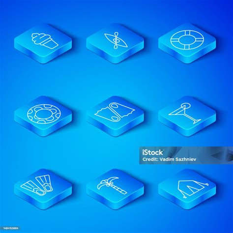 세트 라인 고무 오리발 열대 야자수 마티니 유리 구명 부표 수영 반지 아이스크림 와플 콘 및 관광 텐트 아이콘 벡터 3차원 형태에 대한 스톡 벡터 아트 및 기타 이미지