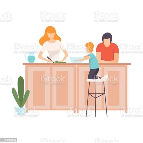 어머니 아버지와 아들 부엌에서 음식을 요리 가족 에서 일상 생활 에 홈 벡터 일러스트 요리하기 음식 준비에 대한 스톡 벡터 아트