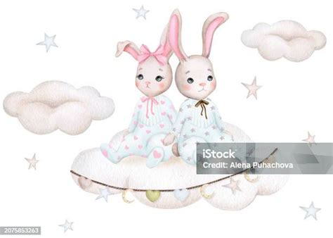 아기 토끼가 구름 위를 날고 있습니다 소녀와 소년 사랑과 우정 어린이용 일러스트입니다 수채화 베이비 샤워 생일 어린이 파티 인쇄 초대장 포스터 인사말 카드의 클립아트 0명에