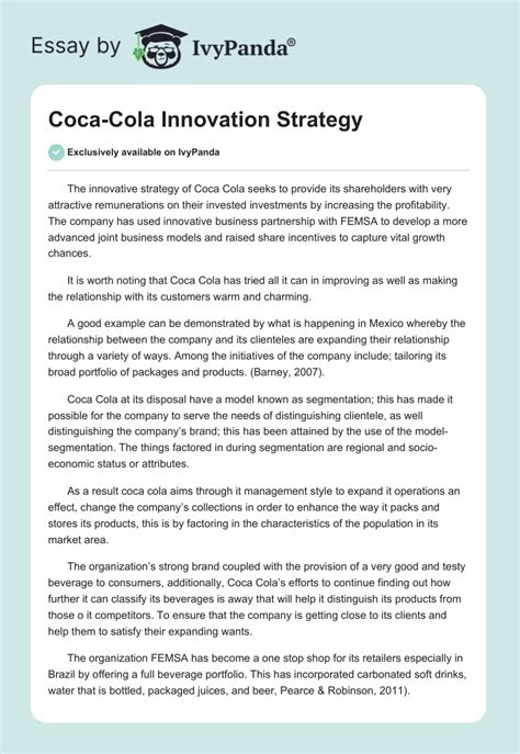 Coca Cola Innovation Strategy 771 Words Essay Example
