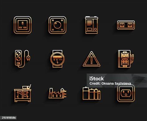 디젤 발전기 발전소 공장 및 공장 전기 콘센트 배터리 미국 미터 패널 및 느낌표 삼각형 아이콘을 설정합니다 벡터 검은색에 대한