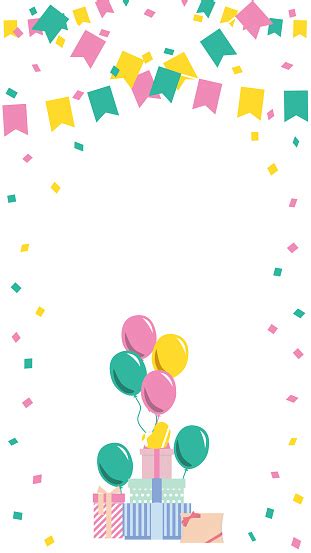 이것은 다채로운 풍선과 선물을 특징으로하는 축제 배경 이미지 일러스트레이션입니다 갈란드 장식품에 대한 스톡 벡터 아트 및 기타