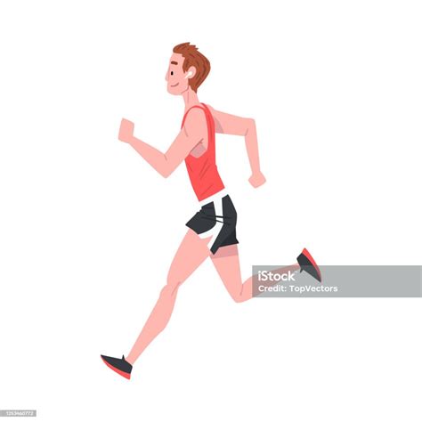 스포츠 유니폼을 입고 달리는 젊은 남자 활동적이고 건강한 라이프 스타일 아침 조깅 만화 스타일 벡터 일러스트레이션 건강한 생활방식에 대한 스톡 벡터 아트 및 기타 이미지