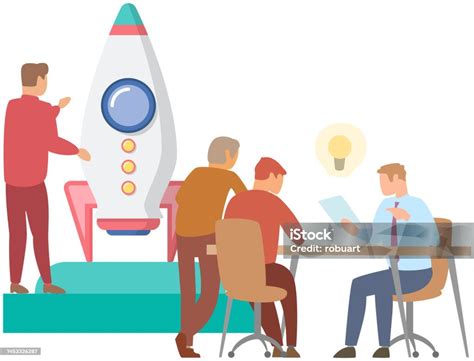 사무실 회의 팀워크 시작 개념 그림 로켓과 사업을 구축하는 사람들 개념에 대한 스톡 벡터 아트 및 기타 이미지 개념 개발