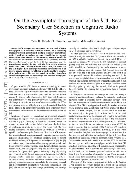 Pdf On The Asymptotic Throughput Of The K Th Best Secondary User