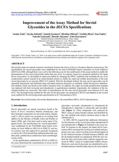Pdf Improvement Of The Assay Method For Steviol Glycosides In The