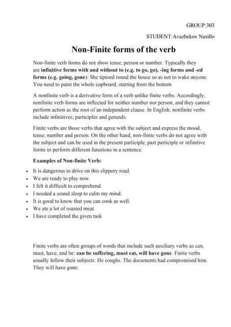 Non Finite Forms Of The Verb Reportpdf