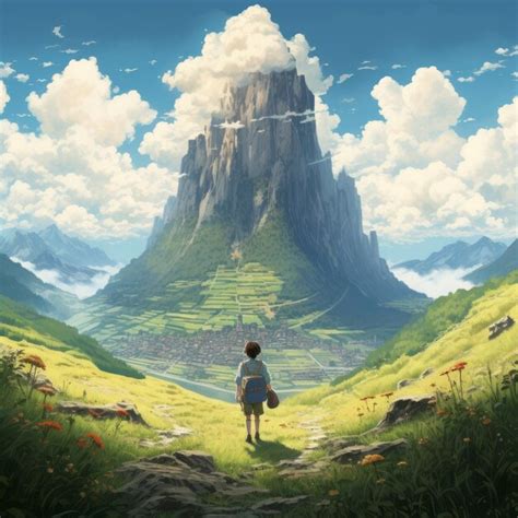 Montaña Gigante Una Ilustración Inspirada En Hayao Miyazaki Foto Premium