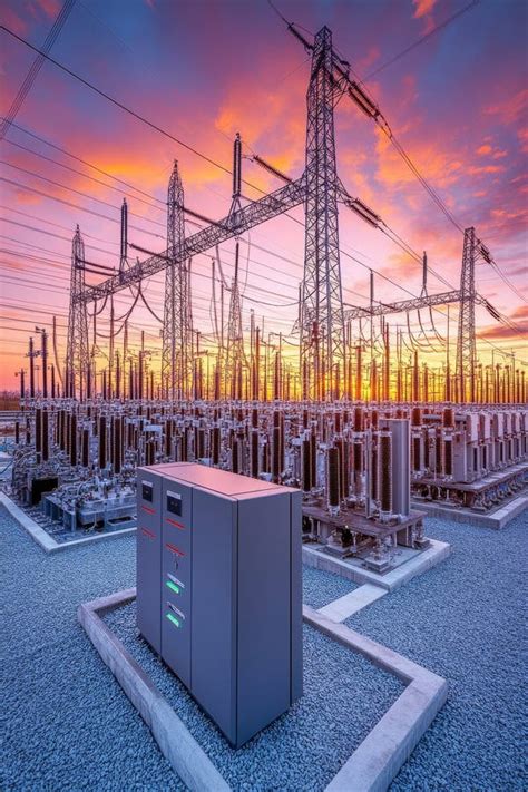 Power Grid At Sunset Electrical Substation With Switchgear Transformers And Transmission