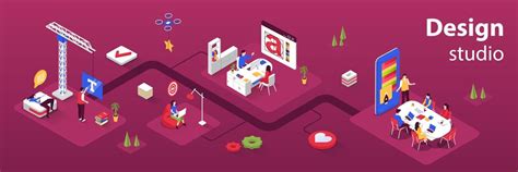 디자인 스튜디오 개념 3d 아이소메트릭 인포그래픽 웹 배너 크리에이티브 에이전시에서 일하는 사람들은 아이소메트릭 그래픽 디자인의